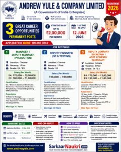 Andrew Yule Recruitment 2026 – 3 Vacancies, Salary Up to ₹2 Lakh